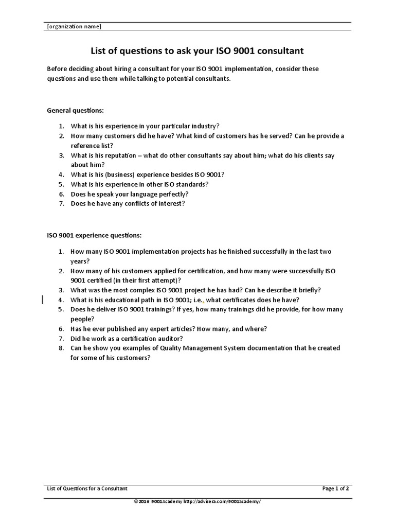 List of Questions To Ask Your ISO 9001 Consultant | PDF | Iso 9000 ...