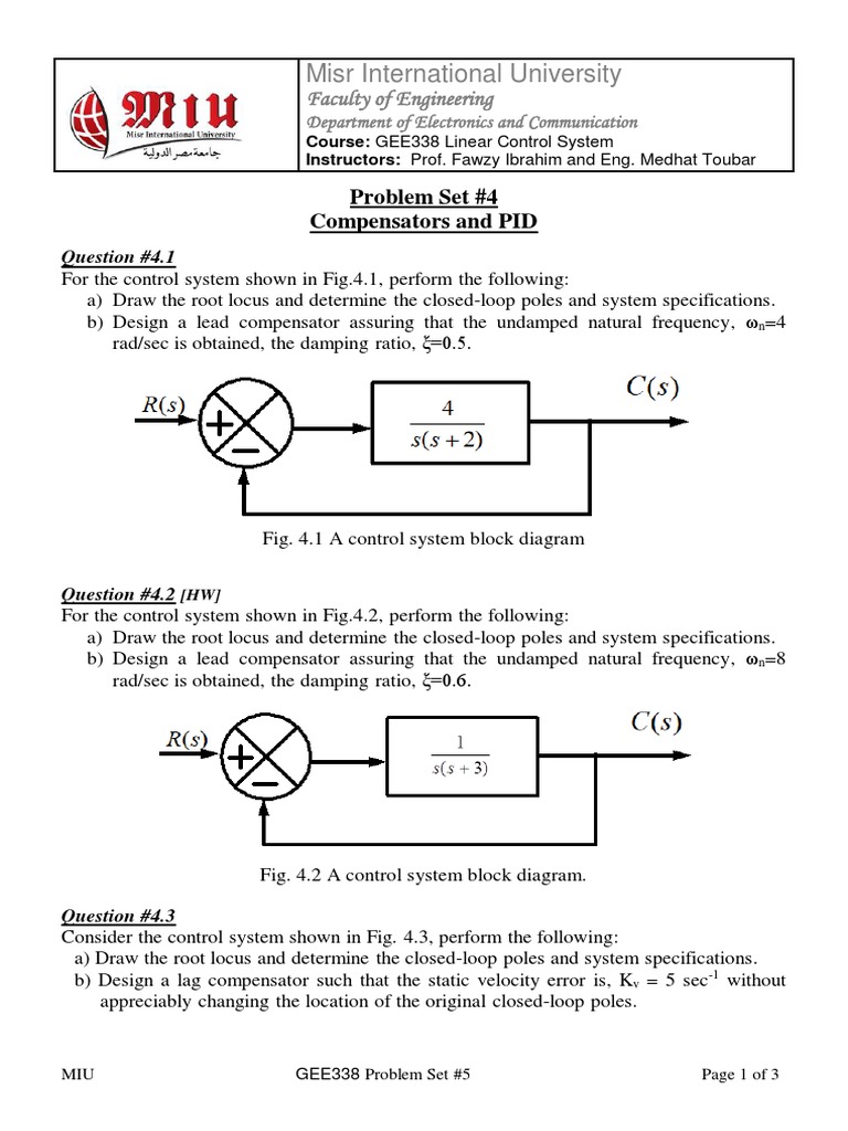 GEE338 Problem Set #4 Compensators and PID PDF | PDF | Control Theory | Control System