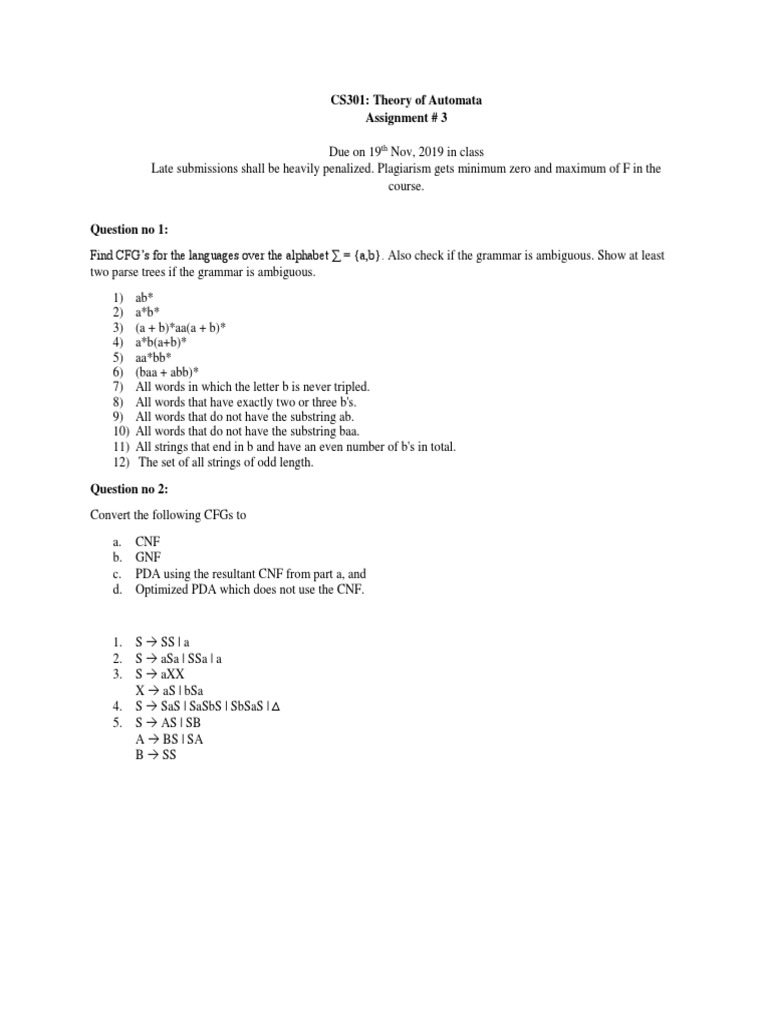 CS301: Theory of Automata Assignment # 3 | PDF