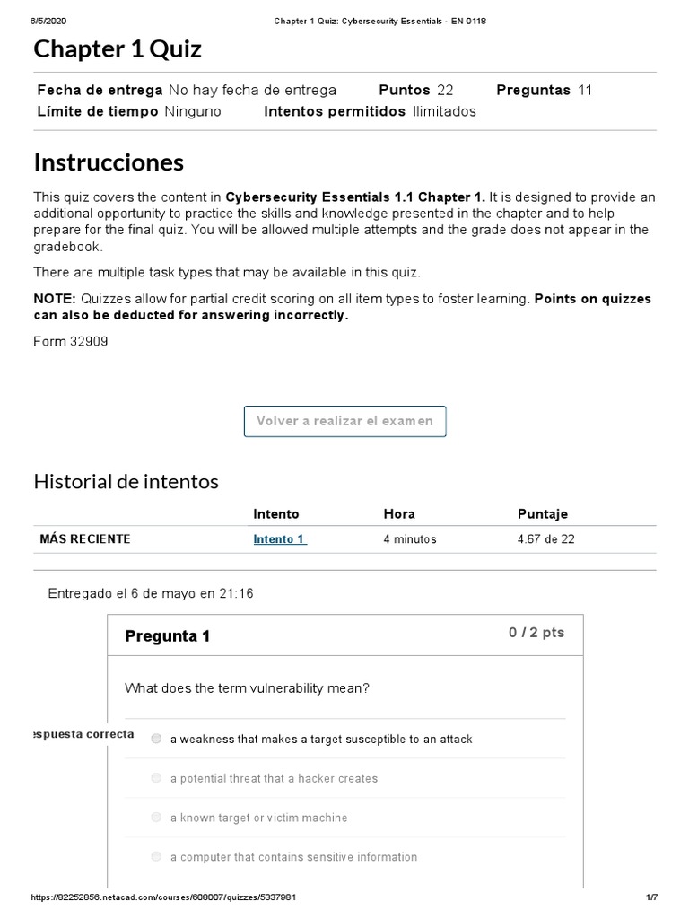 Cybersecurity Chapter 1 Quiz | PDF | Denial Of Service Attack | Computer Security