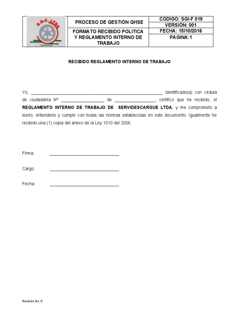 Formato Recibido Politica y Reglamento Interno de Trabajo | PDF ...