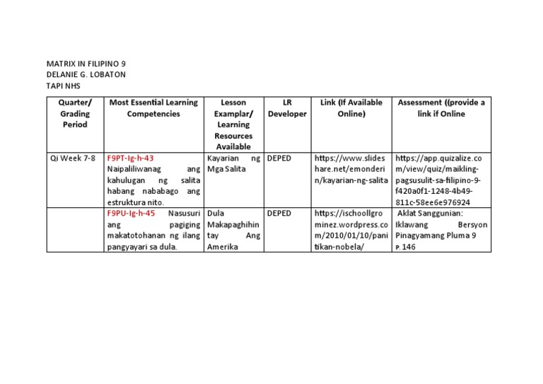 Matrix in Filipino 9 | PDF