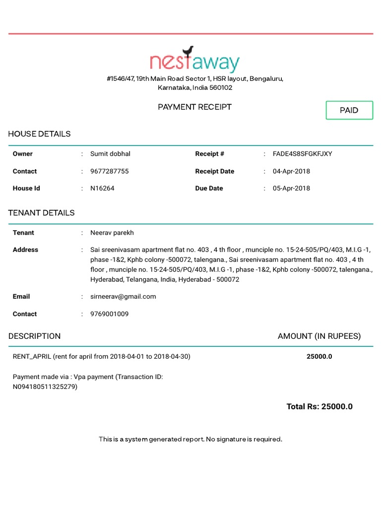 Nestaway Apr Rent Invoice PDF | PDF