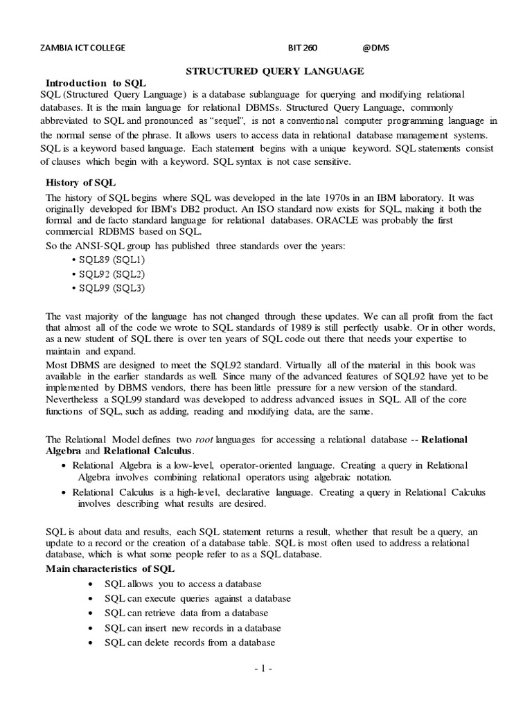Structured Query Language Introduction To SQL | PDF | Sql | Relational ...