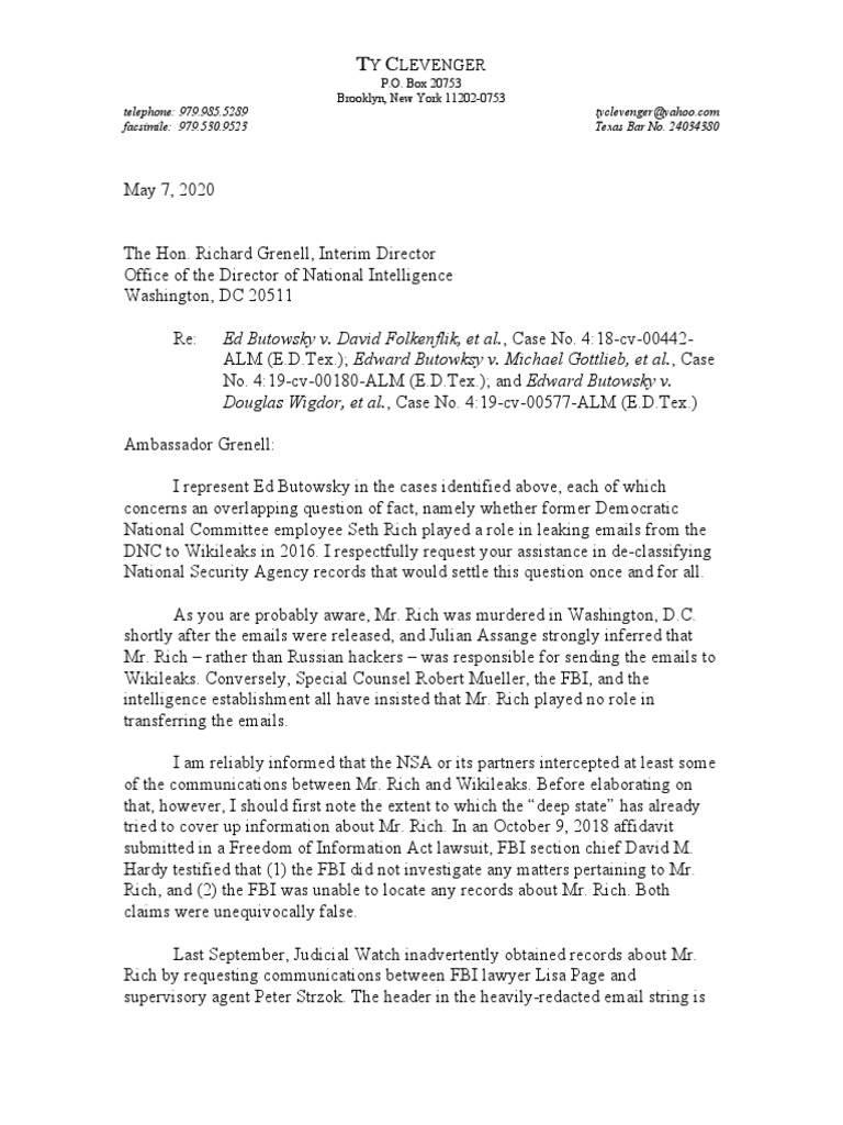 Letter From Attorney Ty Clevenger To Acting DNI Richard Grenell | PDF ...