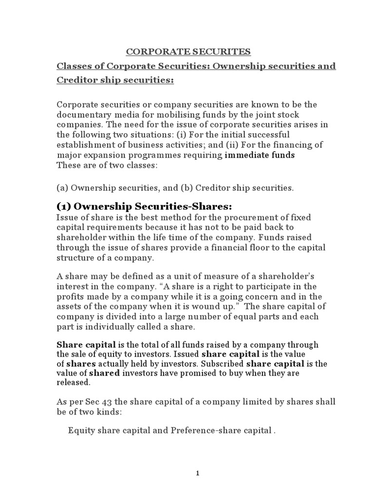 Corporate Securites Classes of Corporate Securities: Ownership ...