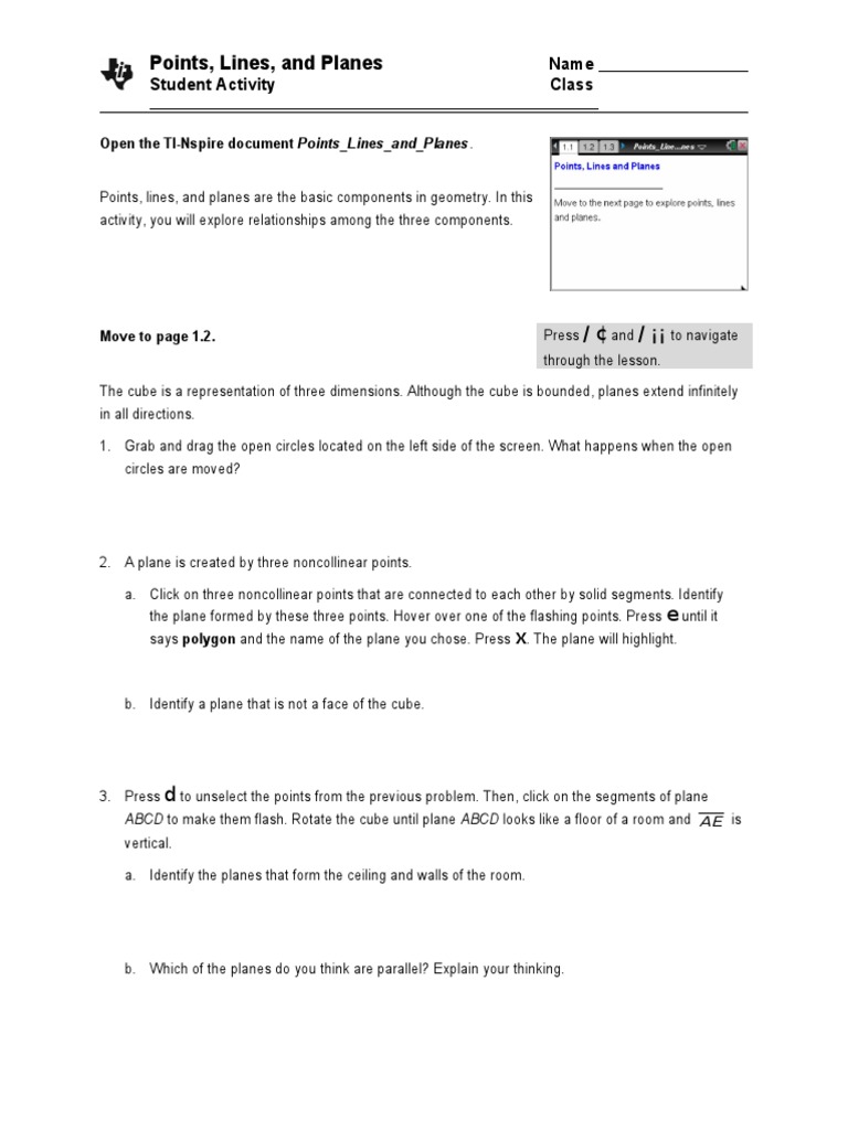 Points, Lines, and Planes: Name Student Activity Class | PDF | Plane ...