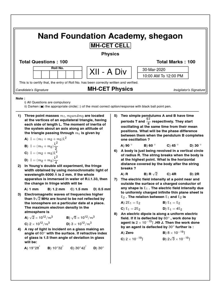 MH-CET Physics Certification Exam with 100 Multiple Choice Questions ...