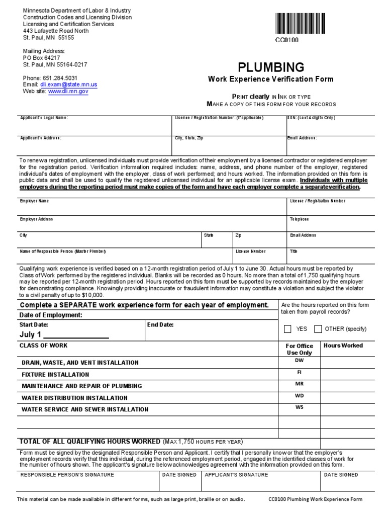 Plumbing: Work Experience Verification Form | PDF | Apprenticeship ...