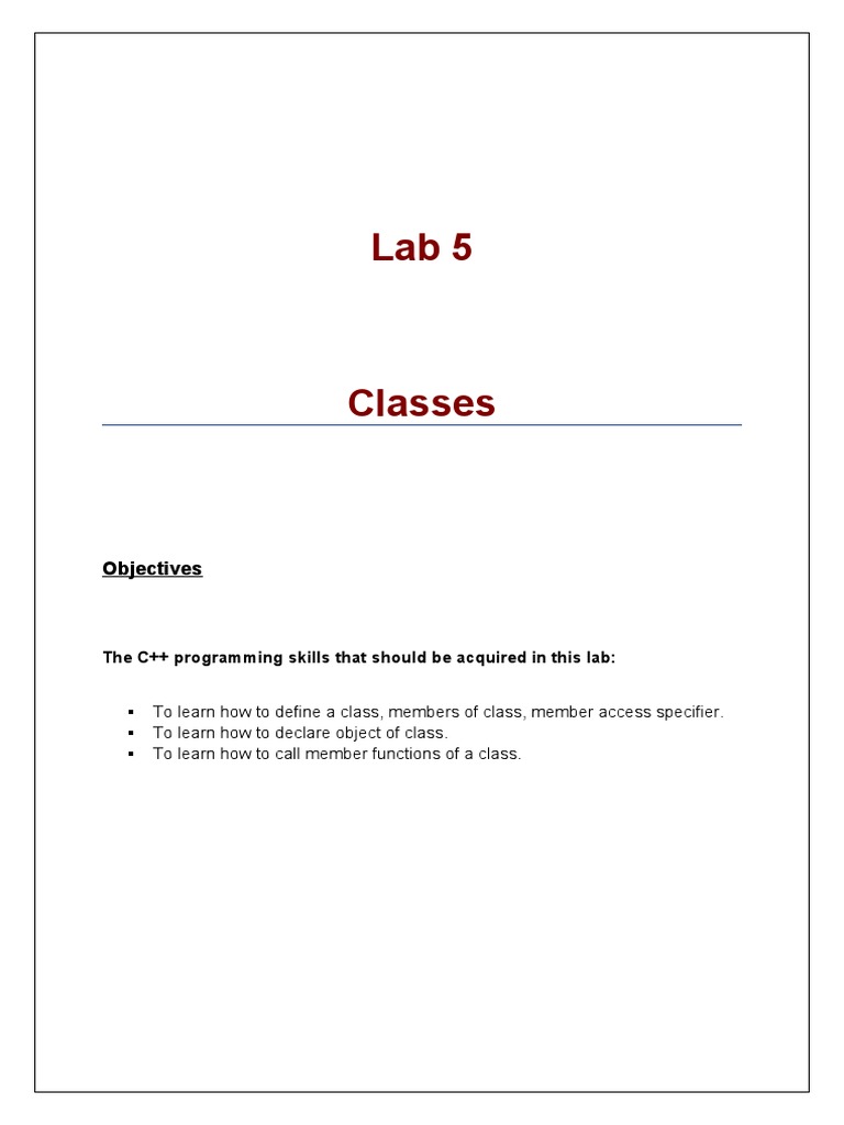 Defining Classes And Objects A Guide To The Key Concepts And Lab Tasks In C Programming Pdf