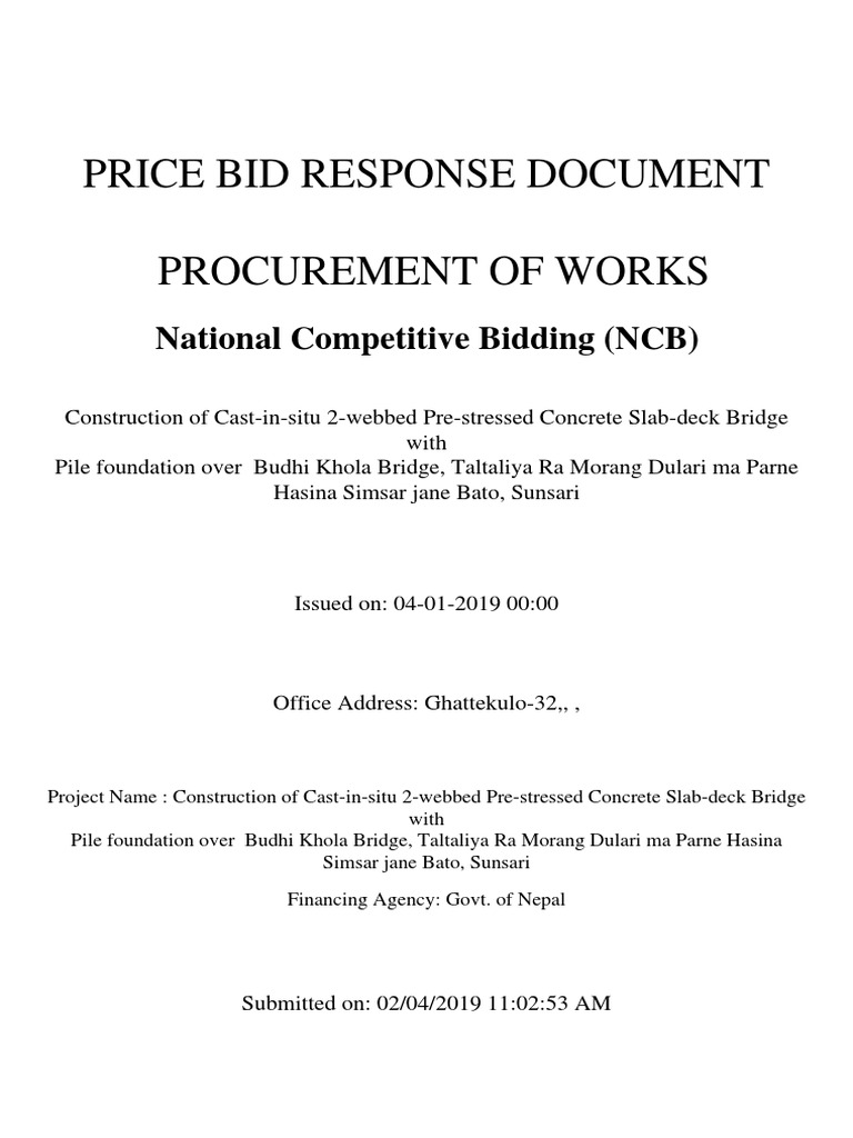 Price Bid Response Document: National Competitive Bidding (NCB) | PDF ...