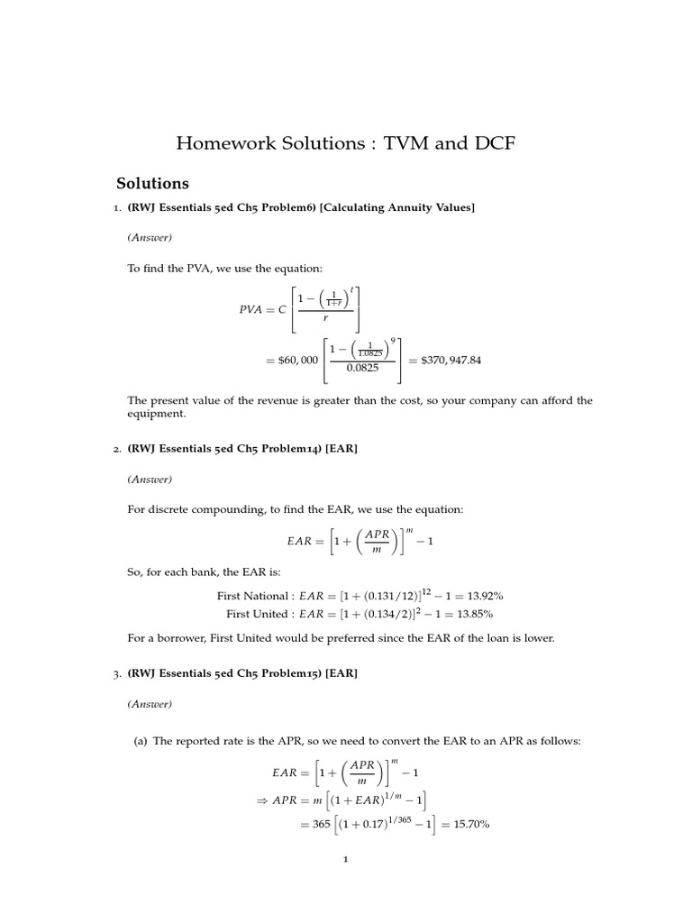Homework Solutions: TVM and DCF | PDF | Present Value | Annual Percentage Rate