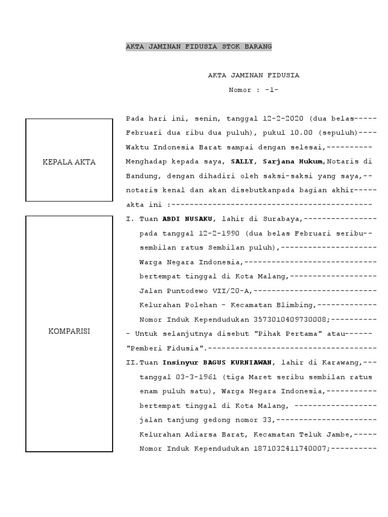 Akta Jaminan Fidusia Stock Barang - Revisi | PDF