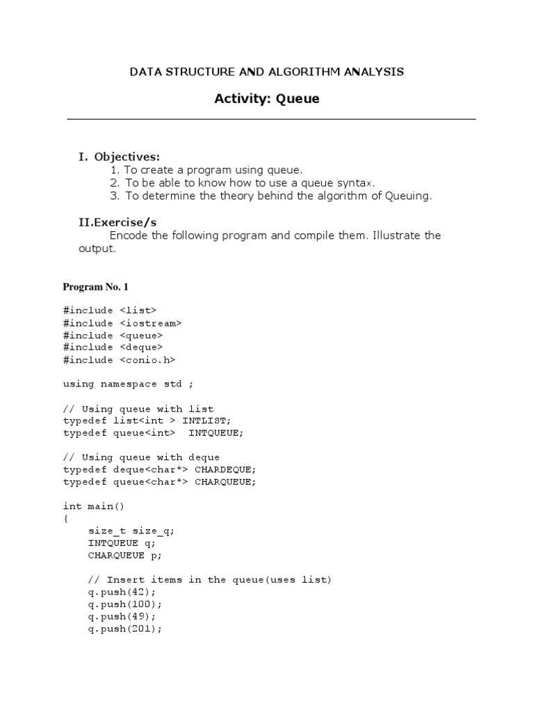 Queue Laboratory Exercise PDF | PDF | Queue (Abstract Data Type) | Programming Paradigms