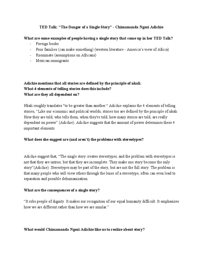 TED Talk - "The Danger of A Single Story" | PDF