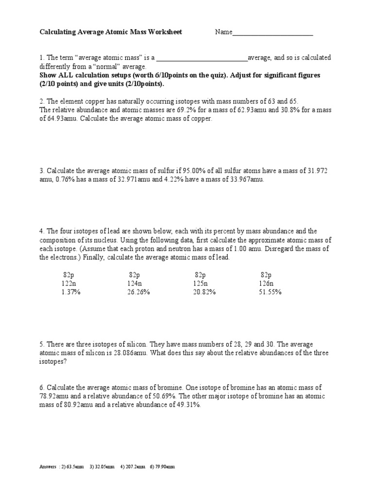 Average Atomic Mass Worksheet | PDF | Teaching Methods & Materials ...