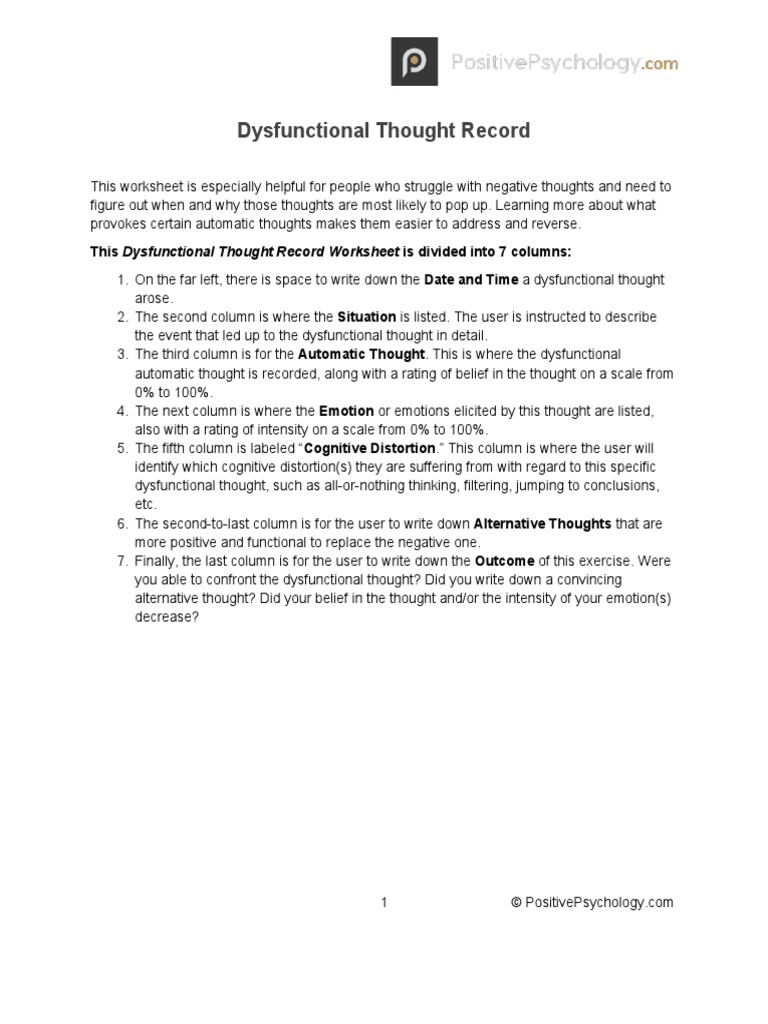 This Dysfunctional Thought Record Worksheet is divided into 7 columns ...