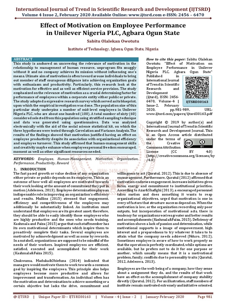 Effect of Motivation On Employee Performance in Unilever Nigeria PLC, Agbara Ogun State | PDF ...