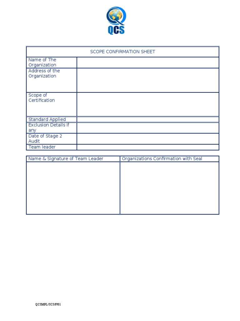 Scope Confirmation Sheet Name of The Organization Address of The ...