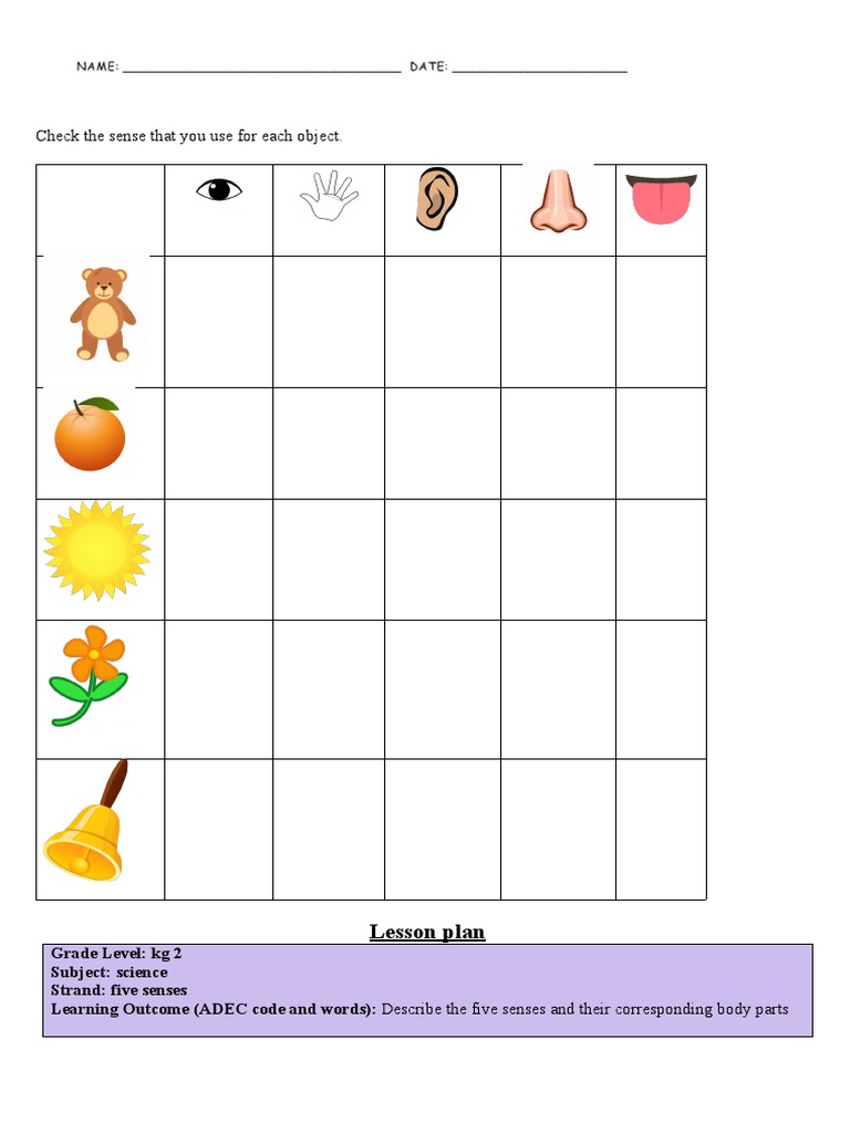 Check The Sense That You Use For Each Object.: Lesson Plan | PDF ...