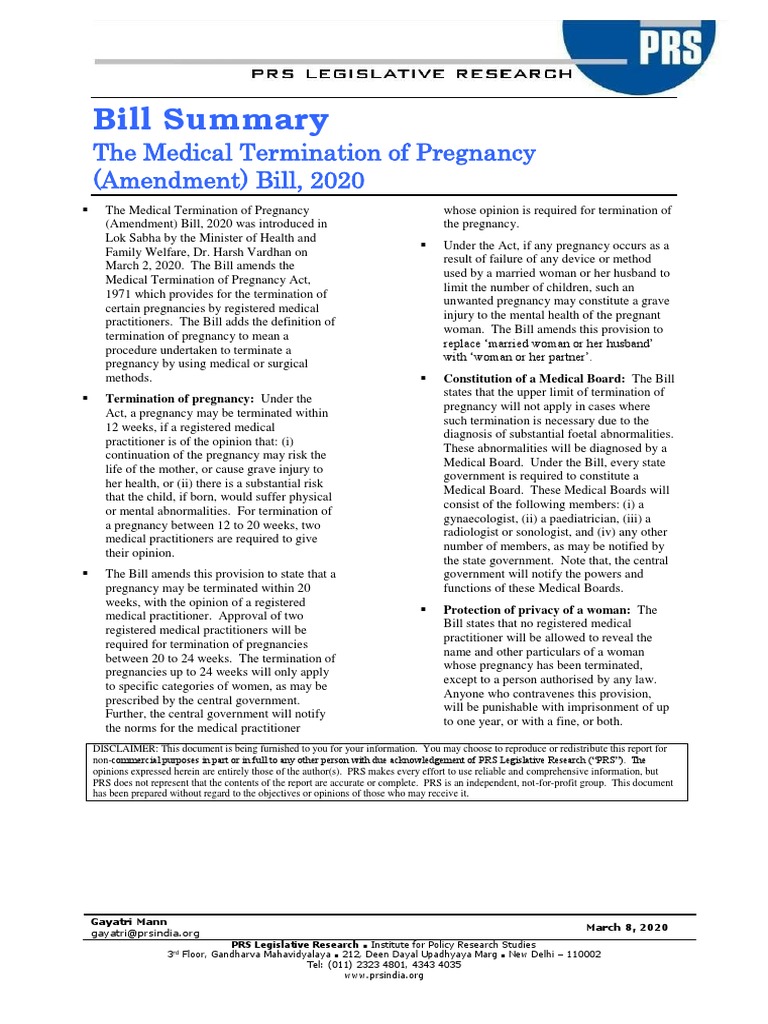MPT Amendment Bill Summary | PDF | Abortion | Health Care