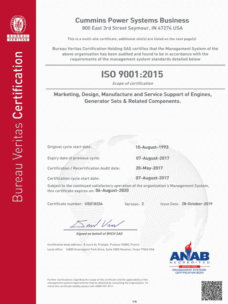 Cummins ISO 9001 Certification Details | PDF | Cummins | Iso 9000