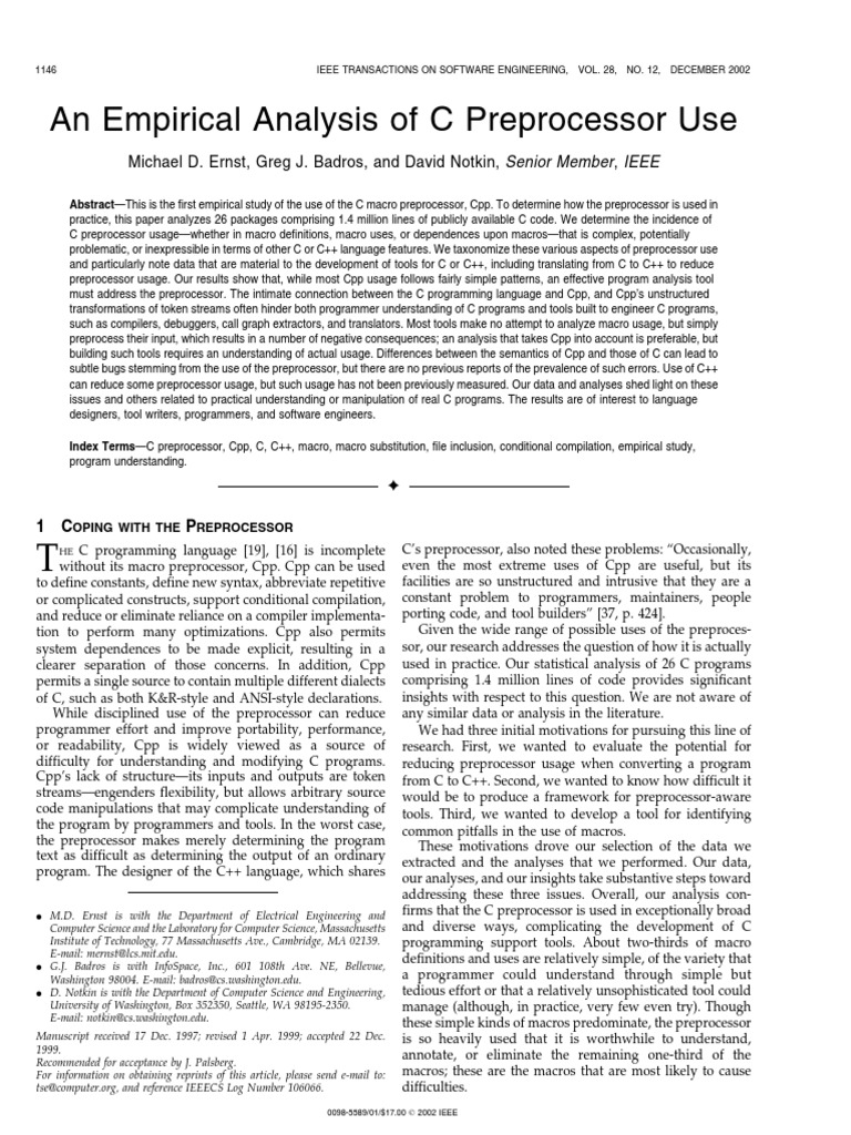 An Empirical Analysis Of C Preprocessor Use Michael D Ernst Greg J Badros And David Notkin