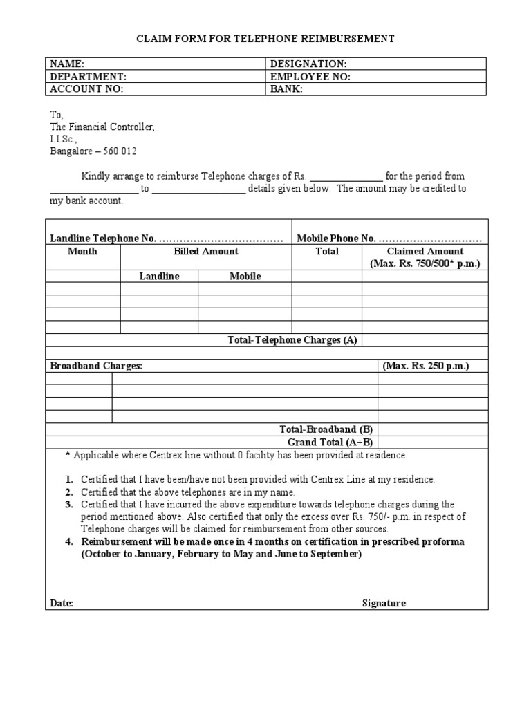 Claim Form For Telephone Reimbursement | PDF