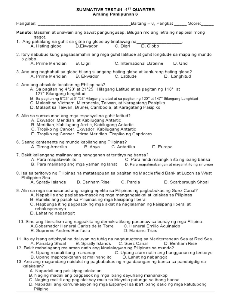 Summative Test Ap6 Firstquarter Pdf