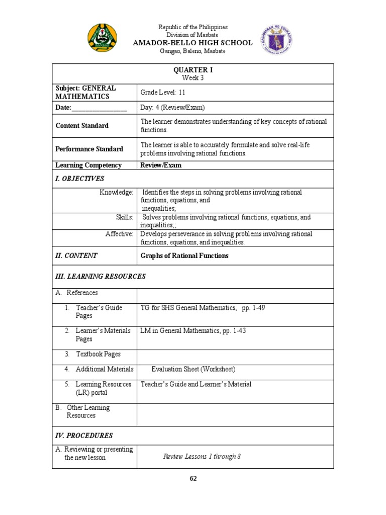 Amador-Bello High School: Quarter I Subject: GENERAL Mathematics Date: - Content Standard | PDF ...