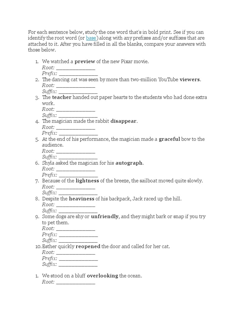 Prefixes And Suffixes Worksheet