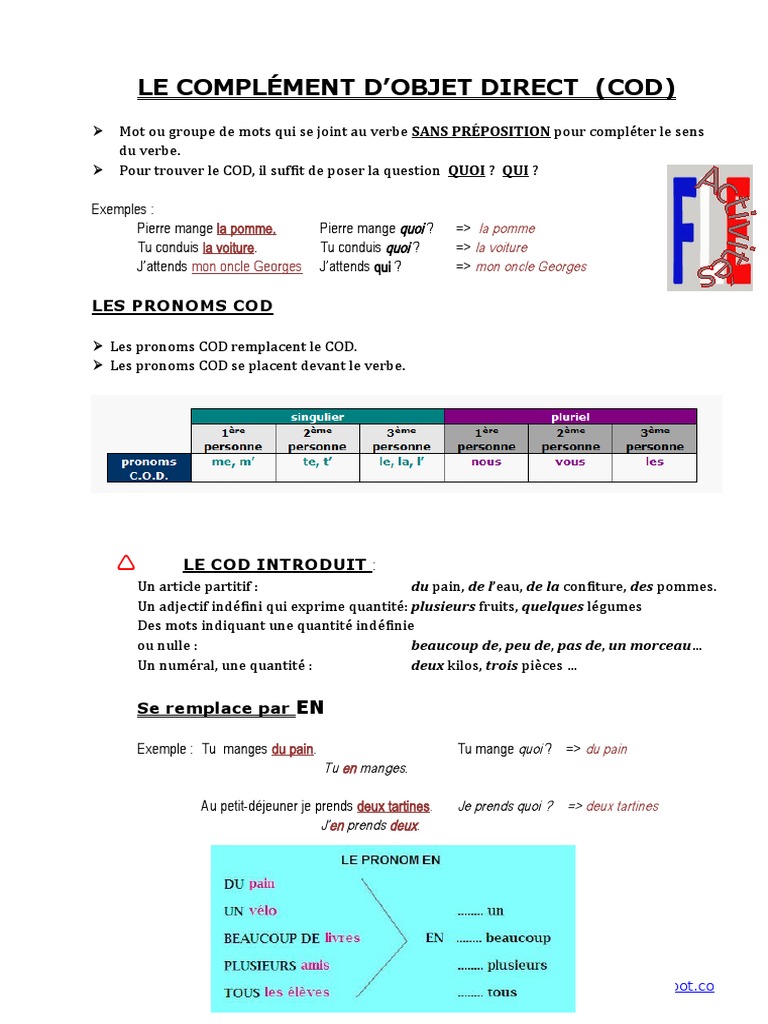 Exercices sur les pronoms COD | PDF | Pronom | Complément d'objet