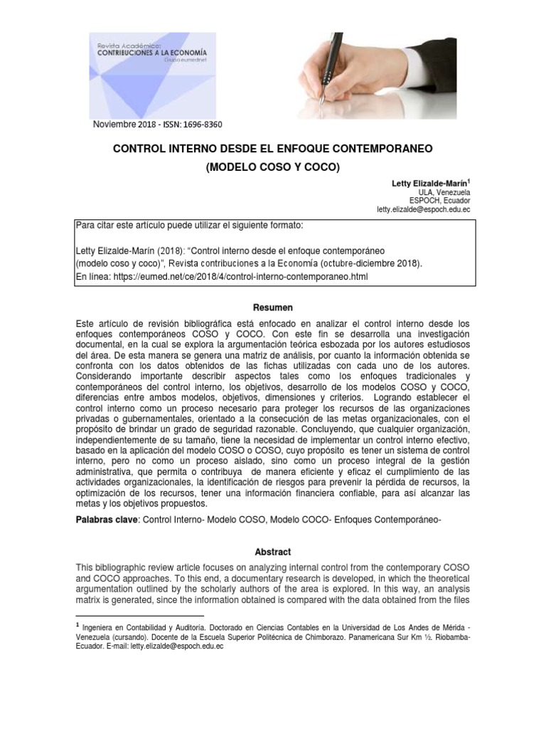 Control Interno Desde El Enfoque Contemporáneo (Modelo Coso y Coco) En ...