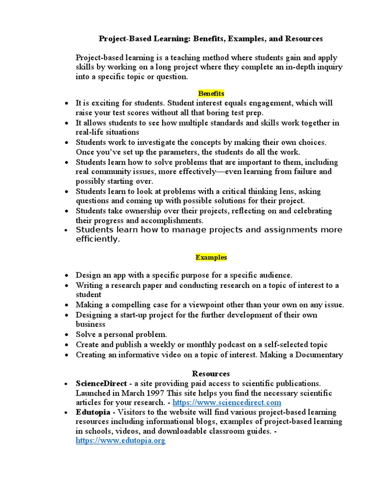 Project-Based Learning: Benefits, Examples, and Resources | PDF ...
