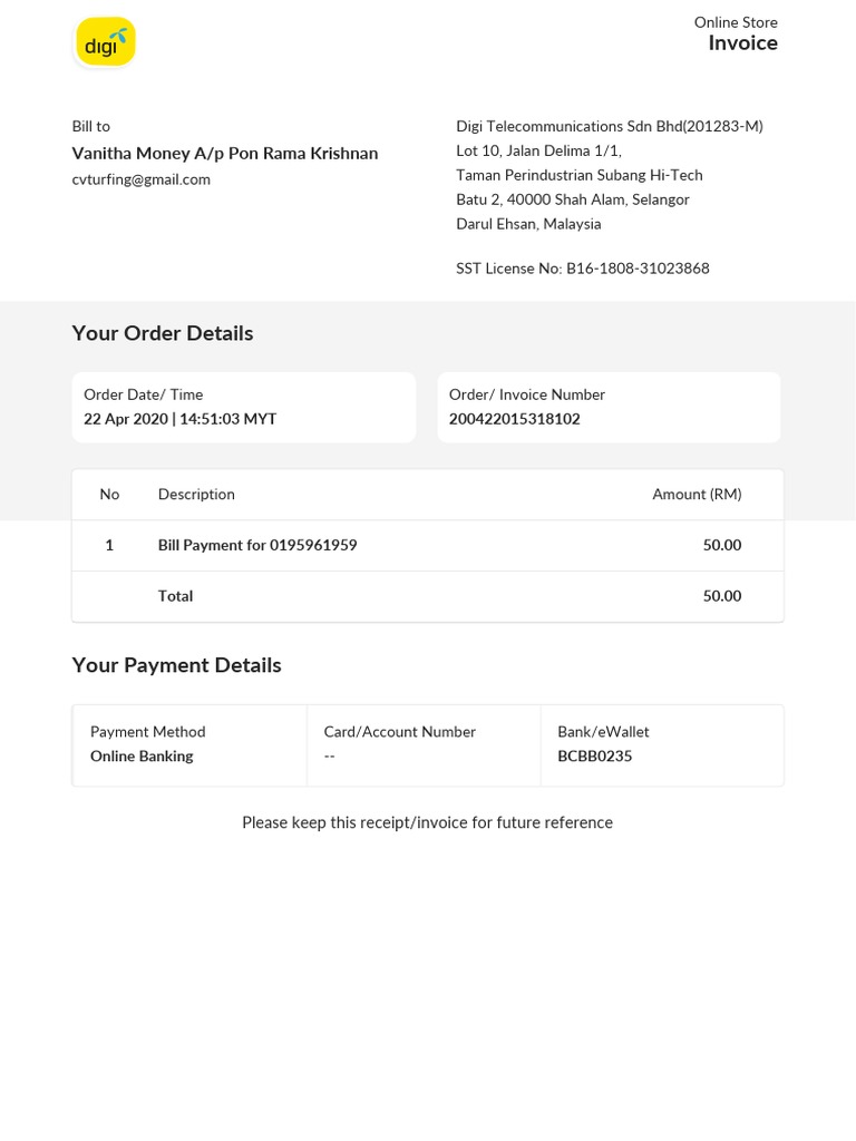 Invoice: Vanitha Money A/p Pon Rama Krishnan | PDF
