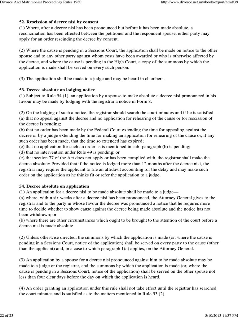 Rule 53 (1) Divorce and Matrimonial Proceedings Rules 1980 | PDF ...