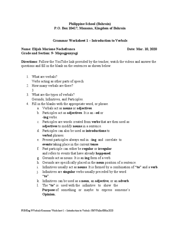 Psb/Eng 9/Verbals/Grammar Worksheet 1 - Introduction To Verbals ...