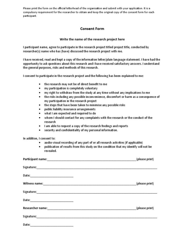 Consent Form: Write The Name of The Research Project Here | PDF ...