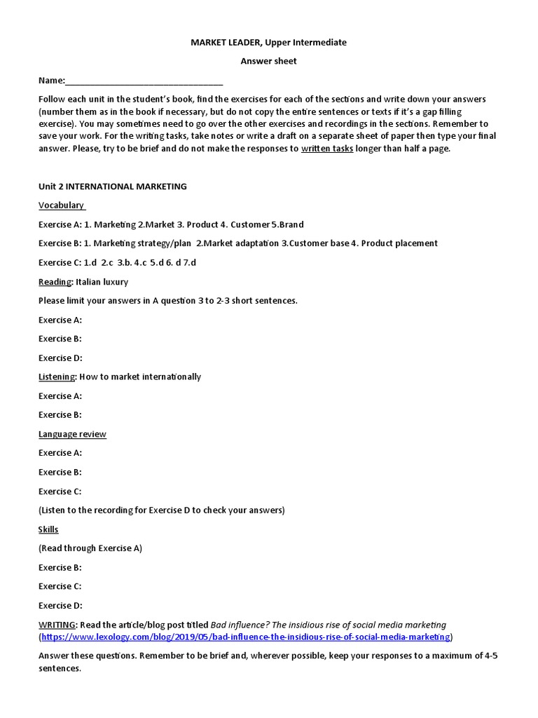 Upper Intermediate Market Leader Answers | PDF