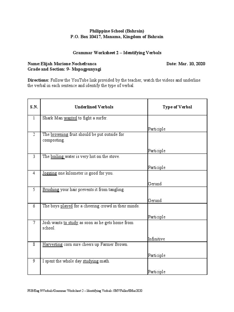 Psb/Eng 9/Verbals/Grammar Worksheet 2 - Identifying Verbals /Jmvfaller ...