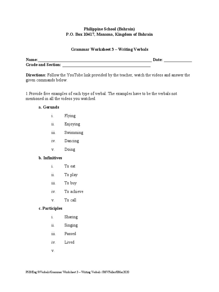 Psb/Eng 9/Verbals/Grammar Worksheet 3 - Writing Verbals /Jmvfaller ...