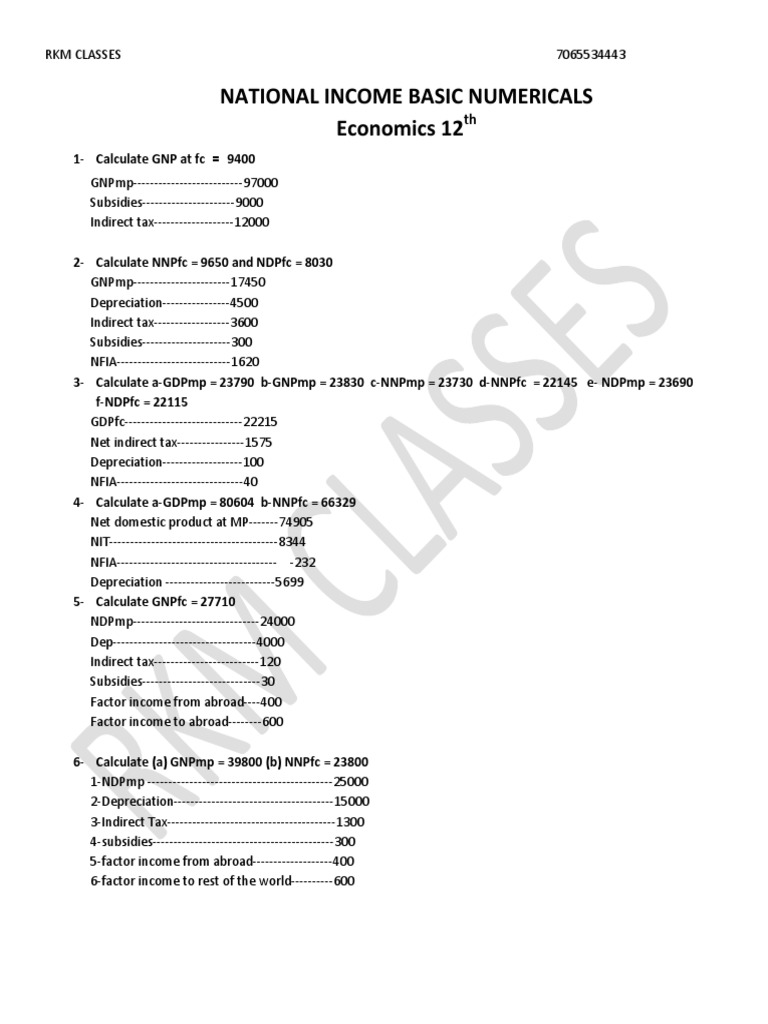 National Income Basic Numericals Economics 12 | PDF | Income | Goodwill (Accounting)