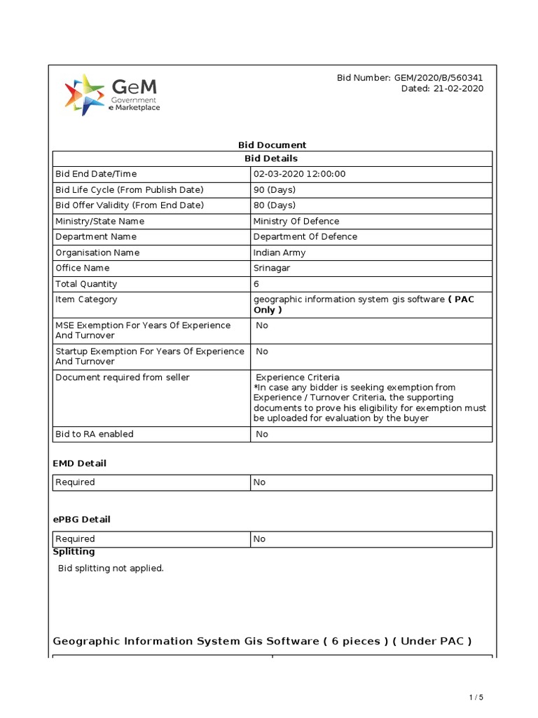 Bid Document Bid Details: Geographic Information System Gis Software (6 ...