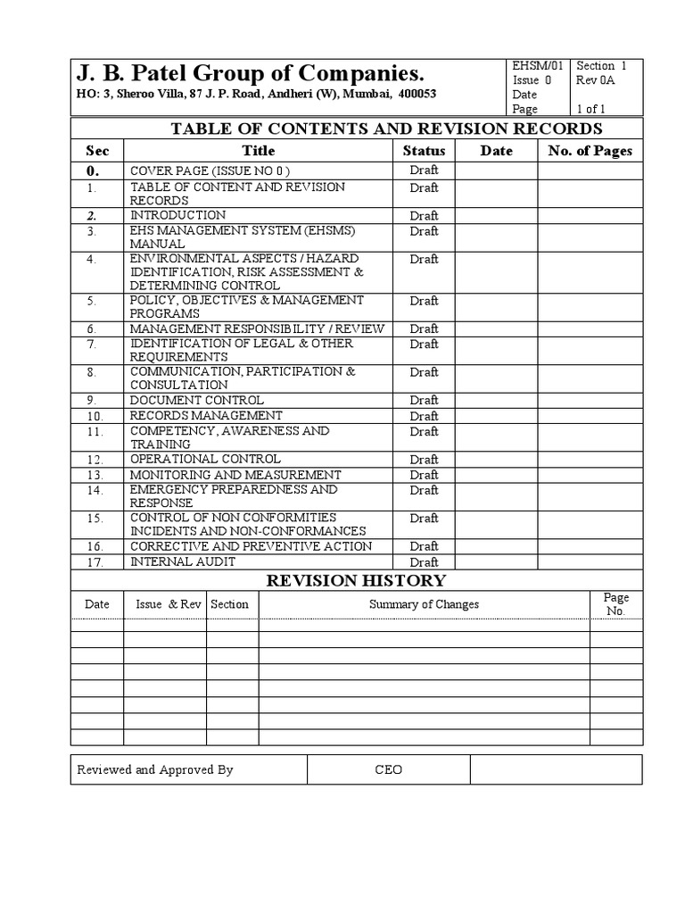 JBPG - EHSM-0.1 R0 Table of Contents and Revision Records | PDF