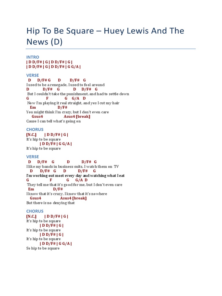 Hip To Be Square - Huey Lewis and The News | PDF | Songs | Recorded Music