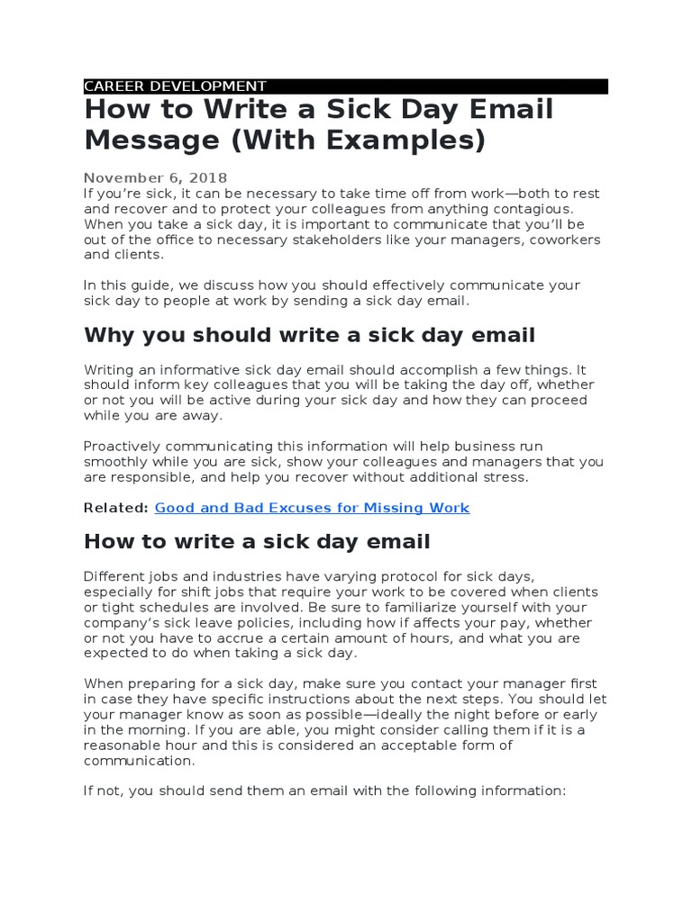 How To Write A Sick Day Email Message (With Examples) | PDF | Sick ...