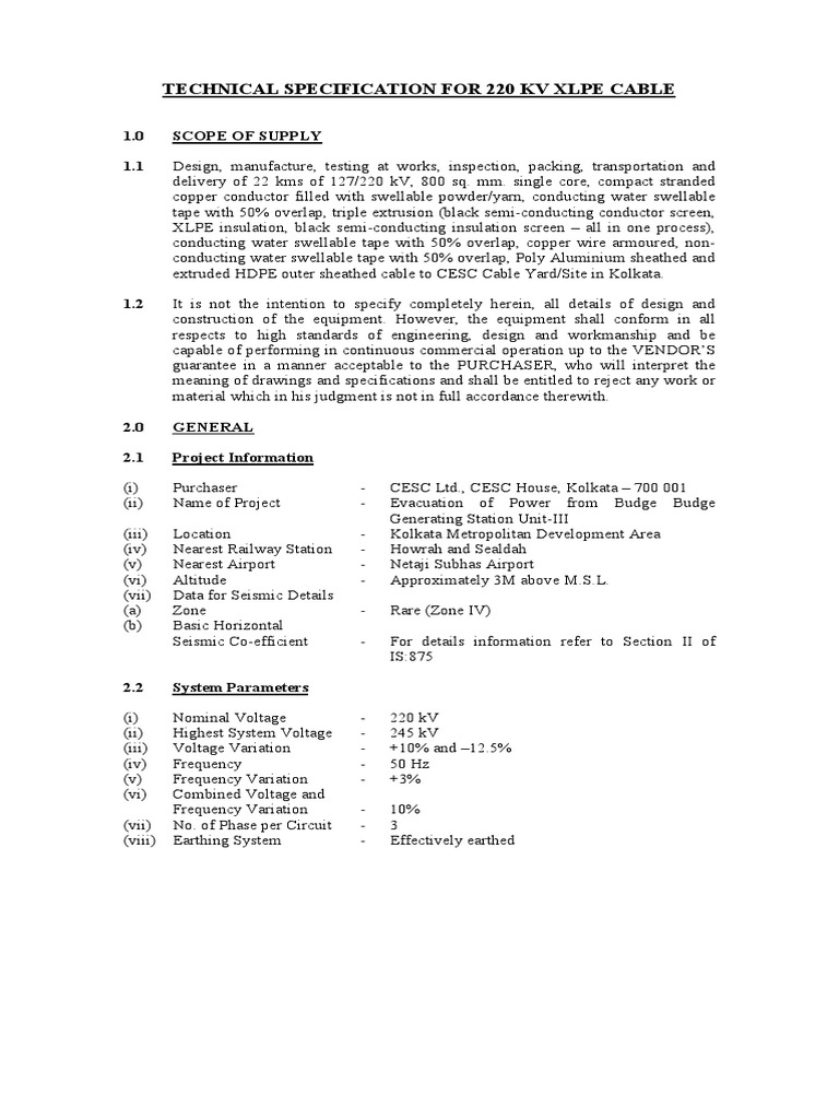 Technical Specification 220KV Cable | PDF | Insulator (Electricity ...