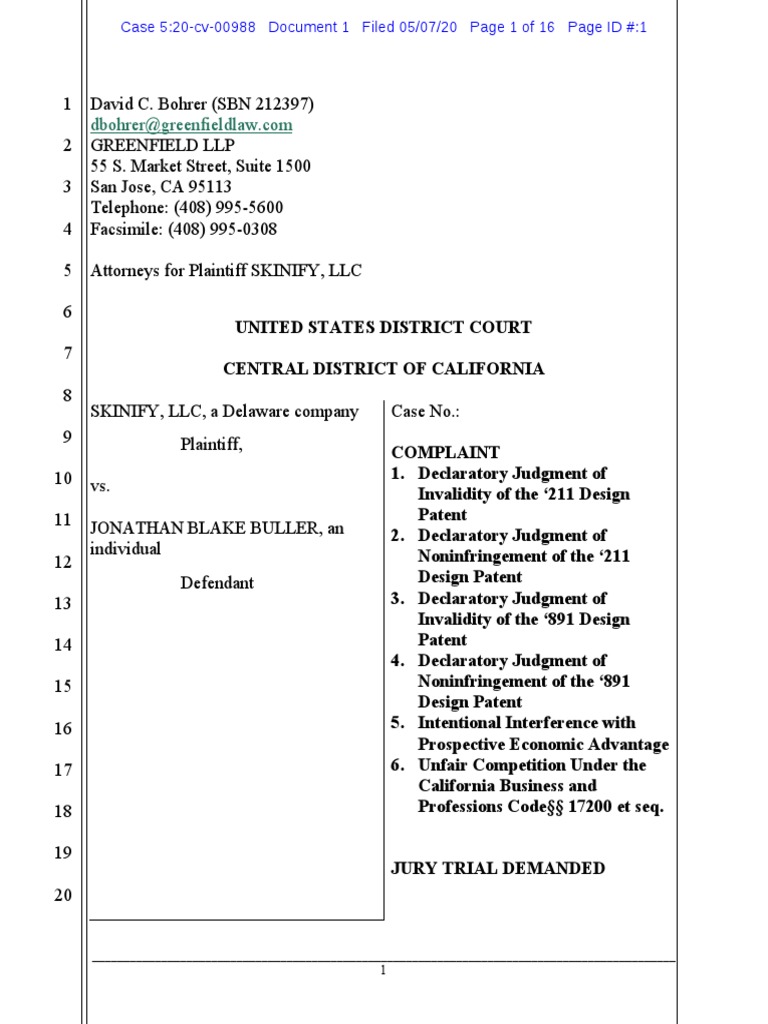 Skinify v. Buller - Complaint | PDF | Declaratory Judgment | Patent