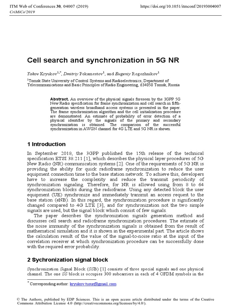 Cell Search and Synchronization in 5G NR: Yakov Kryukov | PDF ...