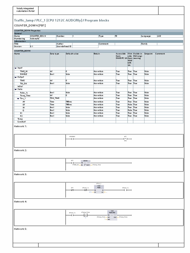 Traffic - Lamp / PLC - 1 (CPU 1212C AC/DC/Rly) / Program Blocks: Counter - Down (Fb1) | PDF ...
